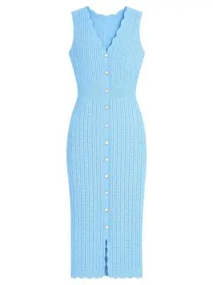 YUMI Scallop Edge Crochet Knitted Midi Dress - Blue