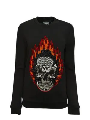 ANY OLD IRON Black / Silver Skull Fire Sweatshirt - Black/silver