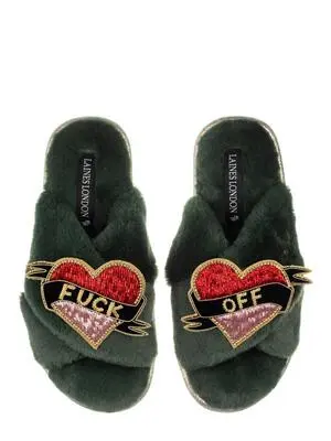 LAINES LONDON Laines London Classic Faux Fur Slippers With Heart Brooch Green