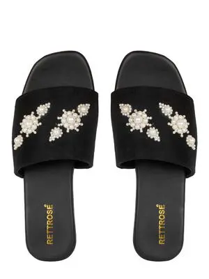 RETTROSE Annie Luxury Plush Diamanté Embellished Handmade Sliders - Black