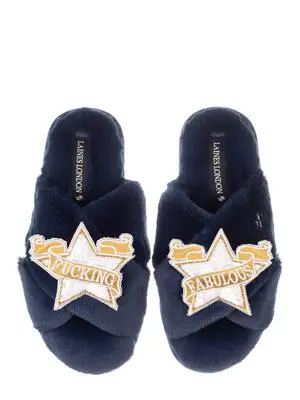 LAINES LONDON Classic Laines Slippers With Fucking Fabulous Brooches Navy - Blue