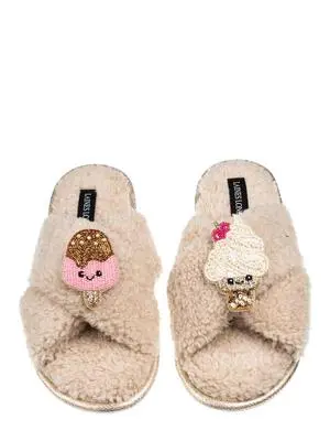 LAINES LONDON Embellished Boucle Slippers With Ice Lolly & Ice Cream Brooches - Brown