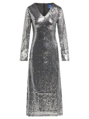 TANTRA SPAIN SL Sequined Midi A Line Dress With Long Sleeves - Silver