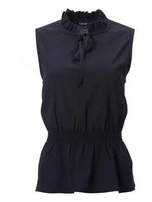 CARLOSLINES Front Neck Tie Smocked Waist Sleeveless Top In Solid - Black