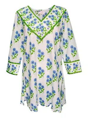 MARY MARSHMALLOW V-neck Scallop Tunic Bunch Of Daisies Periwinkle - Blue