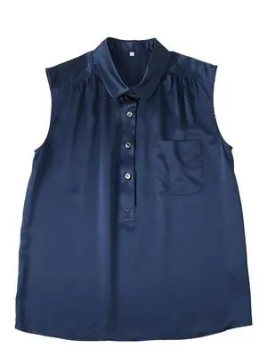 SOFT STROKES SILK Pure Silk Pointed Peter Pan Collar Sleeveless Blouse - Blue