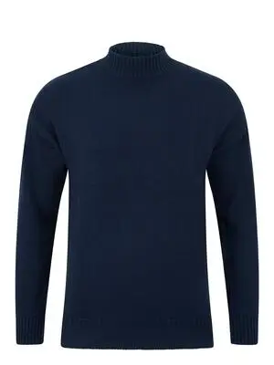 PAUL JAMES KNITWEAR Midweight Organic Cotton Linen Mock Neck Gansey Jumper - Blue