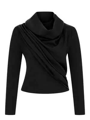 MAAN ISTANBUL Aria Draped Cowl Neck Long Sleeve Top Blouse - Black