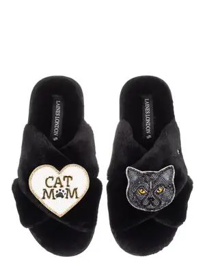 LAINES LONDON Classic Laines Slippers With Cat Brooches - Black