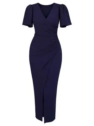 GIRL IN MIND Freya Puff Sleeve Wrap Neck Ruched Midi Navy - Blue
