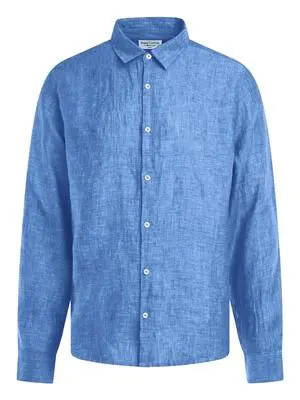 Haris Cotton Linen Melange Basic Long-sleeved Shirt Cobalt Melange - Blue