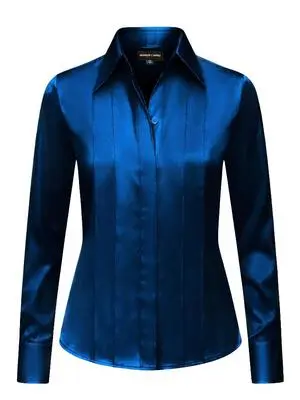 MADISON / SAVILE Quartz Regent Pleated Satin French Cuff Shirt Two - Blue