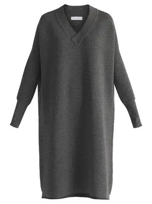 PAISIE V-neck Ribbed Jumper Dress In Dark - Grey