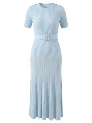 MODENAIRE Ribbed Knit Midi Dress Sculpted Pleats - Blue