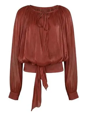 MODENAIRE Gathe Tie-neck Blouse With Blouson Silhouette And Waist Tie - Red