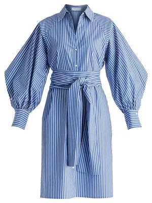 PAISIE Striped Volume Sleeve Shirt Dress With Matching Tie Belt - Blue