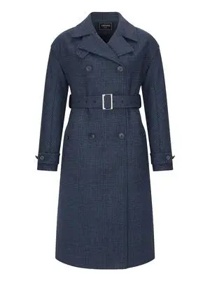 TRIONA Navy Prince Of Wales Check Faye Double Breasted Mac Coat - Blue