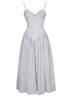 MISS CIRCLE NEW YORK Striped Cotton Poplin Ruched Midi Dress - Blue