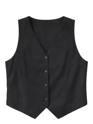 HOUSE OF GL Sage Cotton Check Tailored Vest Top With V-neck And Button Front - Black