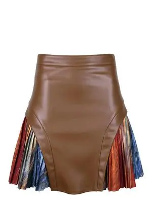 LALIPOP DESIGN Mini Skirt With Pleated Digital Print Inserts And Vegan Leather Panels - Brown