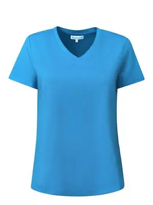 PERLAVERA Titi Turquoise Solid Cotton Spandex Short Sleeve Length V-neck T-shirt - Blue