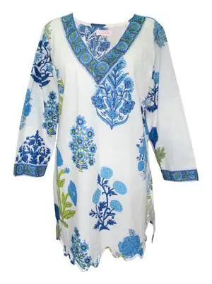 MARY MARSHMALLOW V-neck Scalloped Tunic Floral Bouquet - Blue