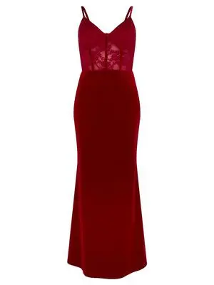 SOUR FIGS Sheer Lace Corset Velvet Maxi Dress In Crimson - Red
