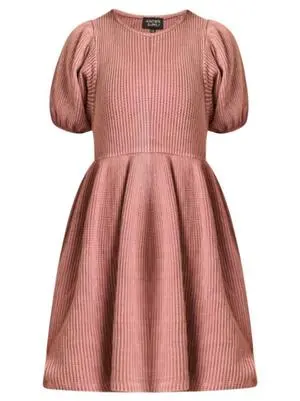 KNOWN SUPPLY Puff Sleeve Waffle Knit Babydoll Dress Ethel Blossom - Pink