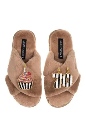 LAINES LONDON Embellished Faux Fur Cross Strap Slippers - Brown