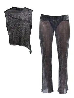 AMORTIZIA Belladona Set Metallic Shimmer Stretch Asymmetric Top & Flared Pants Set - Grey