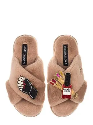 LAINES LONDON Neutrals Classic Laines Slippers With Sand Nail Tech Brooches Toffee - Brown