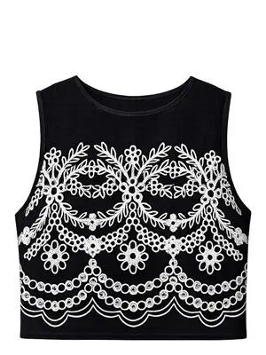 YUMI Embroidered Crop Top - Black