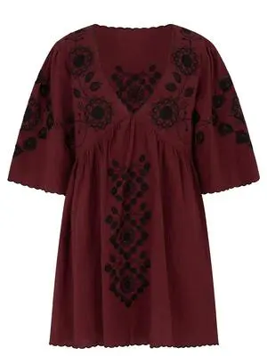 RAFFYA Arabella V- Neck Embroide Mini Dress In Burgundy - Red