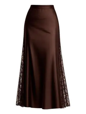 TANTRA SPAIN SL A-line Satin Midi Skirt With Side Slits And Lace, Elastic Waistband - Brown