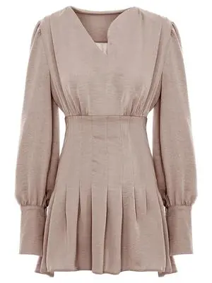 BLUZAT Neutrals Mini Dress With Pleats And Asymmetrical Cut Neck - Beige