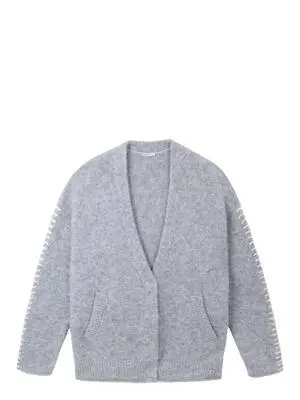MAMU DREAM Soft Marl Alpaca Blend Cardigan With Ivory Stitch Detail - Grey