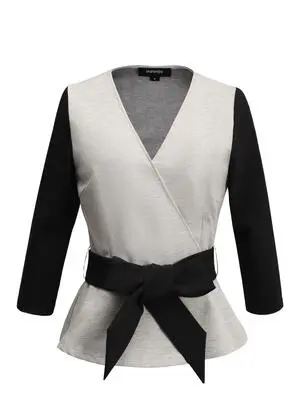 SMART AND JOY Color Black Peplum Top With Cross-heart Effect & Belt - Grey