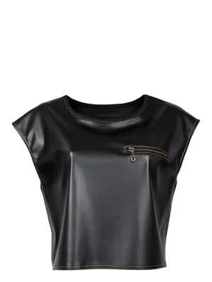 LALIPOP DESIGN Sleeveless Blouse With Vegan Leather Finish & Zipper Detail - Black
