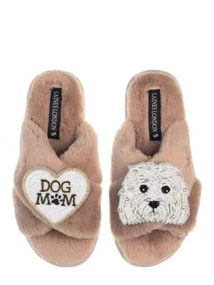 LAINES LONDON Classic Faux Fur Slippers With Embellished Brooches - Brown