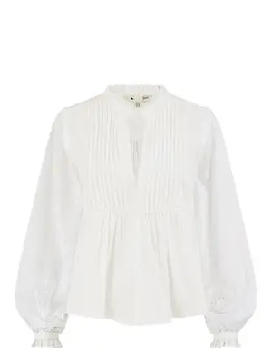 YUMI Pleated Cotton Bib Shirt With Broderie Anglaise Sleeves - White