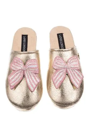 LAINES LONDON Softie Slippers With Stripe Pink Bow Brooches - Gold