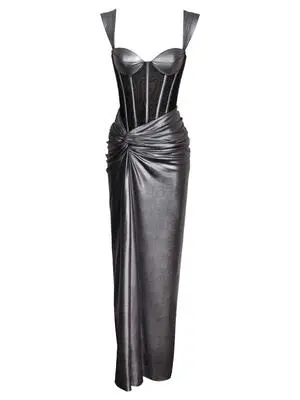 MISS CIRCLE NEW YORK Odessa Metallic Corset Maxi Dress - Silver