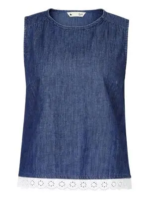 YUMI Cotton Chambray Top With Lace Trims - Blue