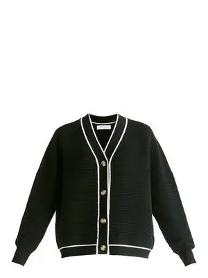 PAISIE Ribbed Cardigan With Contrast Trim In And White - Black