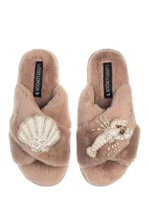 LAINES LONDON Faux Fur Slippers With Beaded Lobster And Shell Brooches - Brown
