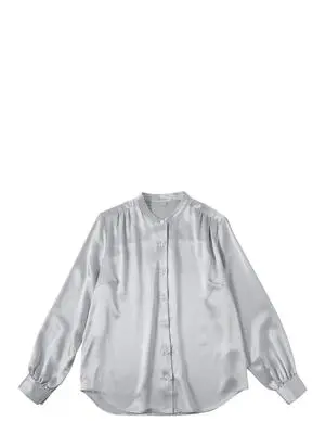 SOFT STROKES SILK Pure Silk Long Sleeve Banded Collar Blouse - Silver