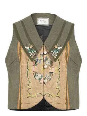 RONDOOZ Olive Bloom Hand Painted Denim Vest With Antique Gobelin Tapestry - Green