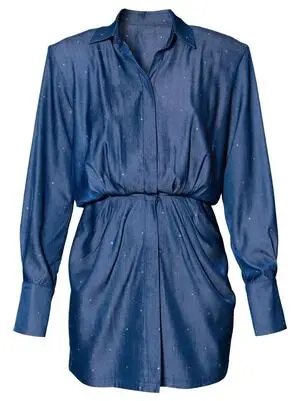 AGGI BY HALEWSKI Electra Jets Navy Denim Mini Shirt Dress With Long Sleeve - Blue