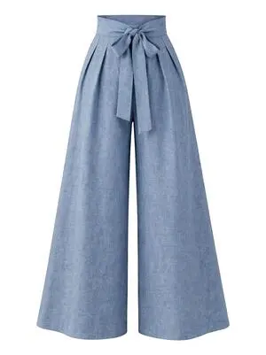 NIKKA PLACE Wide Leg Baggy Linen Pants With High Waist And Front Tie In Melange - Blue