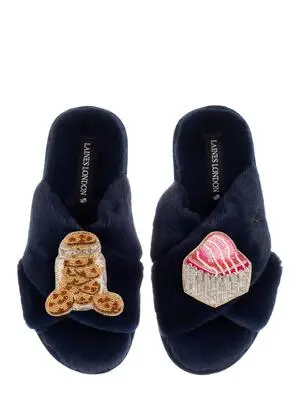 LAINES LONDON Laines X Juliet Slippers With Cookie Jar & French Fancy Brooches - Navy Blue